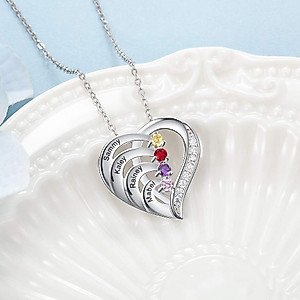GLAMCARAT Personalized mothers necklace with birthstones names sterling silver jewelry for women customized engraved necklace (4 stones & names)