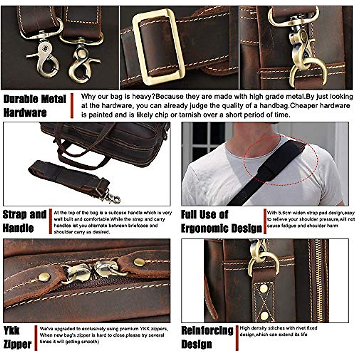 Vintage Genuine Leather Briefcase for Men 17 Inch Laptop Computer Case Business Travel Work Messenger Cross Body Shoulder Bags, Brown