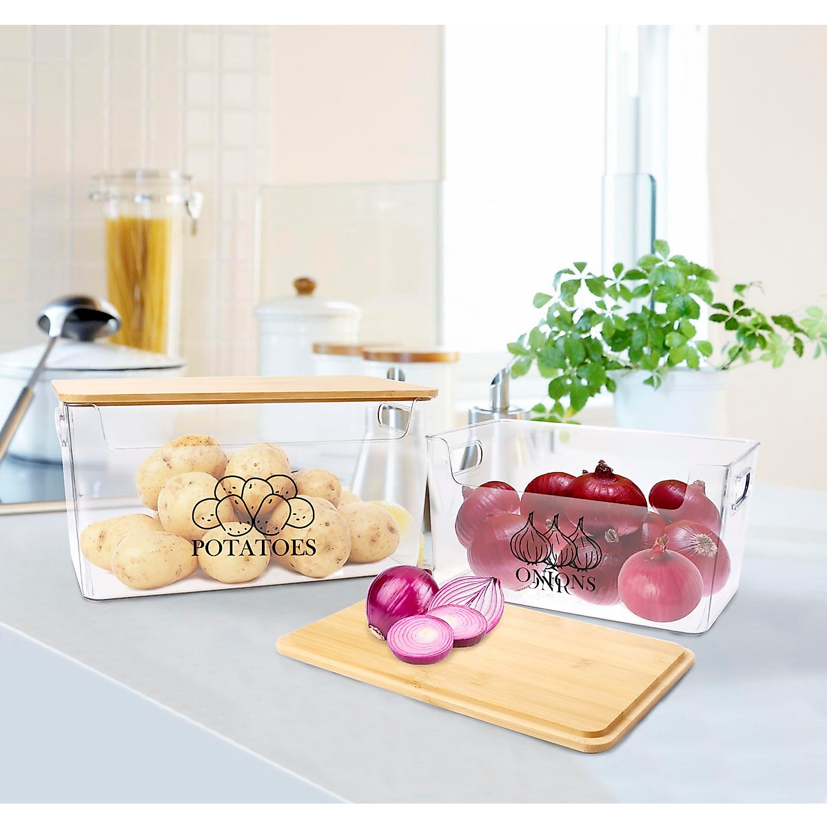 Xbopetda Potato Onion Storage, Potato Bin with Bamboo Lid, Transparent Acrylic Potato Container Onion Keeper, 2 Set Stackable Onion Storage, Pantry Kitchen Counter Organizer for Potatoes Onions-Clear