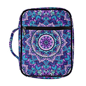 Gomyblomy Purple Mandala Bohemian Ethnic Flower Print Bible Case for Women, Girls, Large Size Carrying Bible Case, Church Study Scripture Pouch Bible Book Cover with Handle and Zipper Pocket