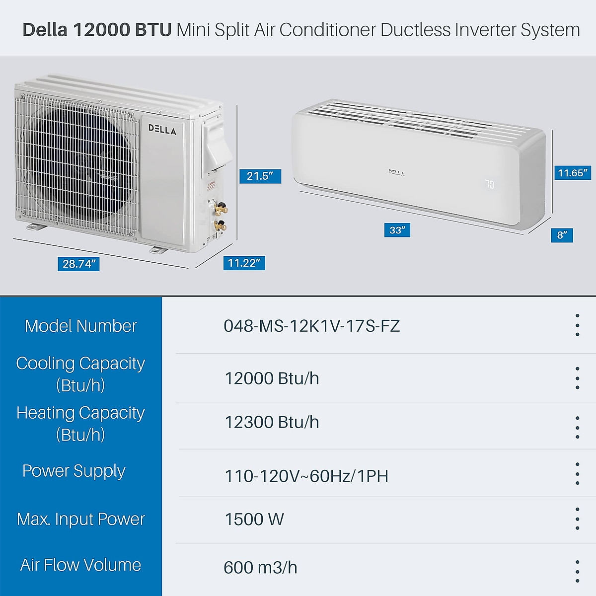DELLA 12000 BTU Wifi Enabled Mini Split Air Conditioner & Heater Ductless Inverter System, 17 SEER 110-120V Energy Efficient Unit w/ 1 Ton Heat Pump, Cools Up to 550 Sq. Ft. (FZ Series)