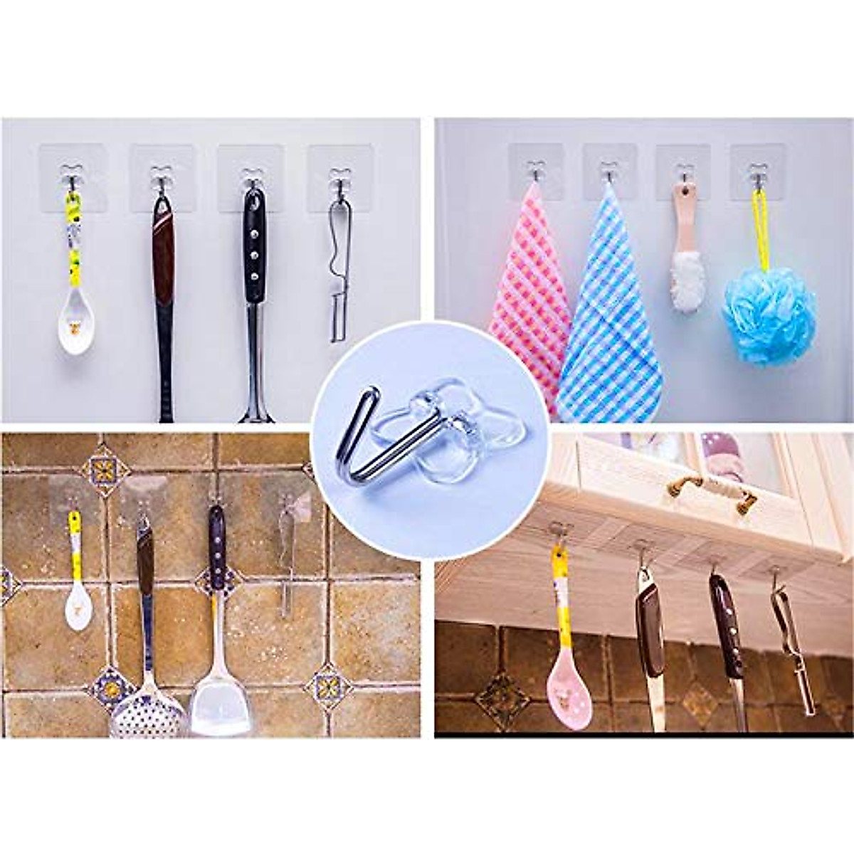 KK5 Seamless Adhesive Hooks 13.2lb(Max) Utility Stainless Steel Hook for Towel Bathrobe Coats,Bathroom Kitchen and Nail Free Transparent Heavy Duty Wall Hook & Ceiling Hanger