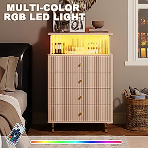 ChooChoo Dresser for Bedroom with Large Capacity, 4 Drawer Dresser with LED and Acrylic, Modern White and Gold Dresser Tall, Chest of Drawers with Storage Space for Hallway, Entryway (Pink)
