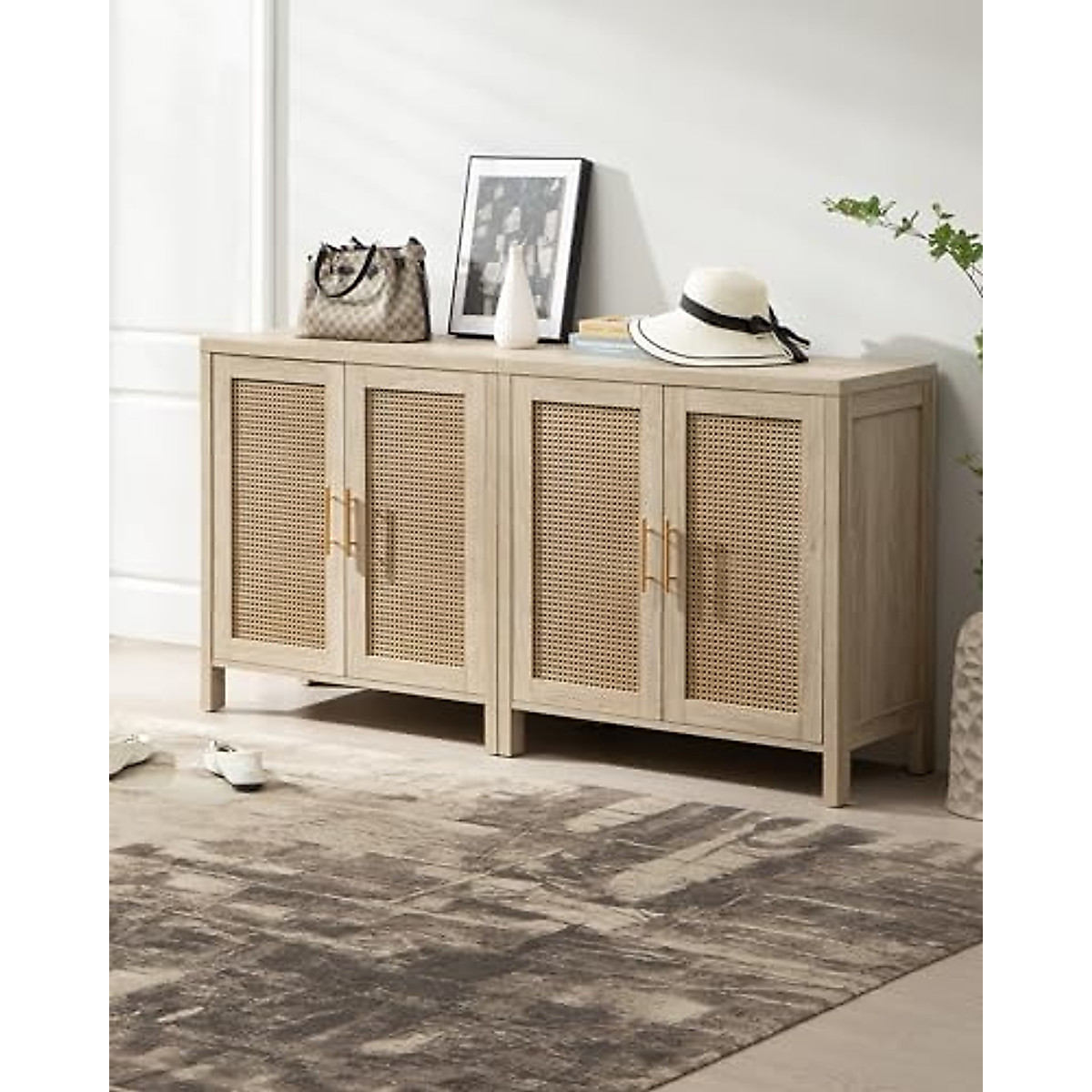 SICOTAS Sideboard Buffet Credenza Cabinet - 2 Pieces Farmhouse Coffee Bar Cabinets with Gold Mesh Doors and Storage - Industrial Accent Liquor Cabinet for Kitchen Living Room Hallway (Light Oak)