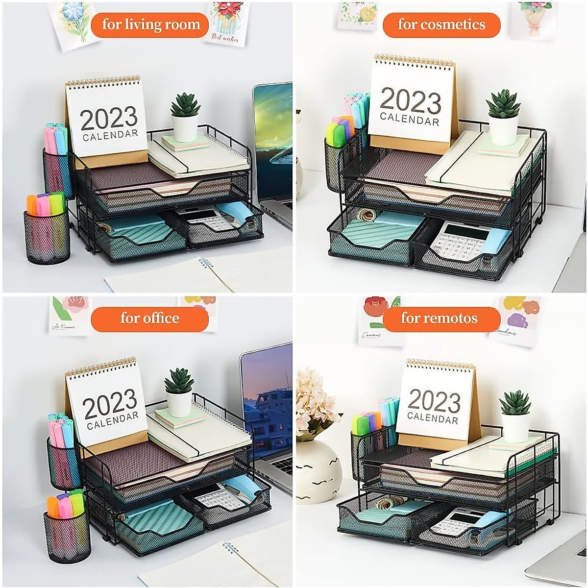 Youbetia Black Minimalist Desk Organizer with 3 Drawer, 2 Pen Holder, 2 Tier Letter Tray, Upper Display Rack, for Office Supplies