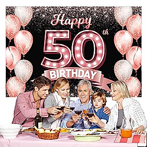 Happy 50th Birthday Rose Gold Banner Backdrop Cheers to 50 Years Old Confetti Balloons Theme Decor Decorations for Women 50 Years Old Pink Birthday Party Bday Supplies Background Favors Gift Glitter