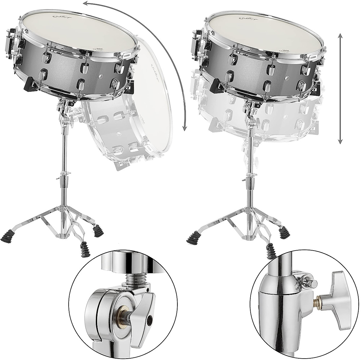 Ashthorpe Snare Drum Set with Remo Head (Silver) - Student Beginner Kit with Stand, Padded Gig Bag, Practice Pad, Neck Strap, and Sticks