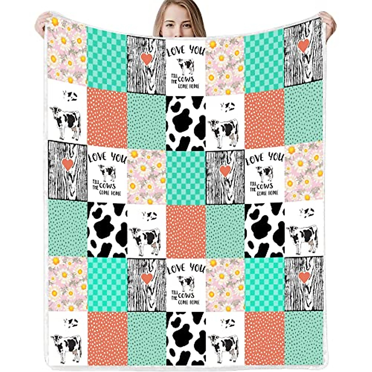 WGFAKJMO Cow Blanket Cute Cow Print Blanket Cow Beding Sherpa Fleece Throw Blanket Farm Animals Blanket Warm and Plush Cow Print Throw Blankets for Bed Sofa Travel Couch（Green，(50 x 60 in)）