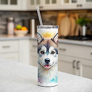 Pomsky Dog Watercolor Style Skinny Tumbler 20oz with Straw Insulated Water Bottle Gift