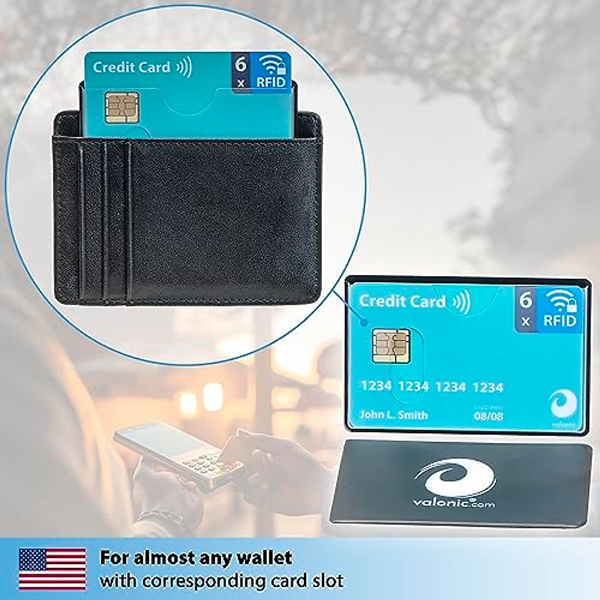 valonic set of 6 RFID blocking sleeves - insertion from the top, Credit Card Protector sleeve for wallet - Protection block for Debit Card and Metro Card