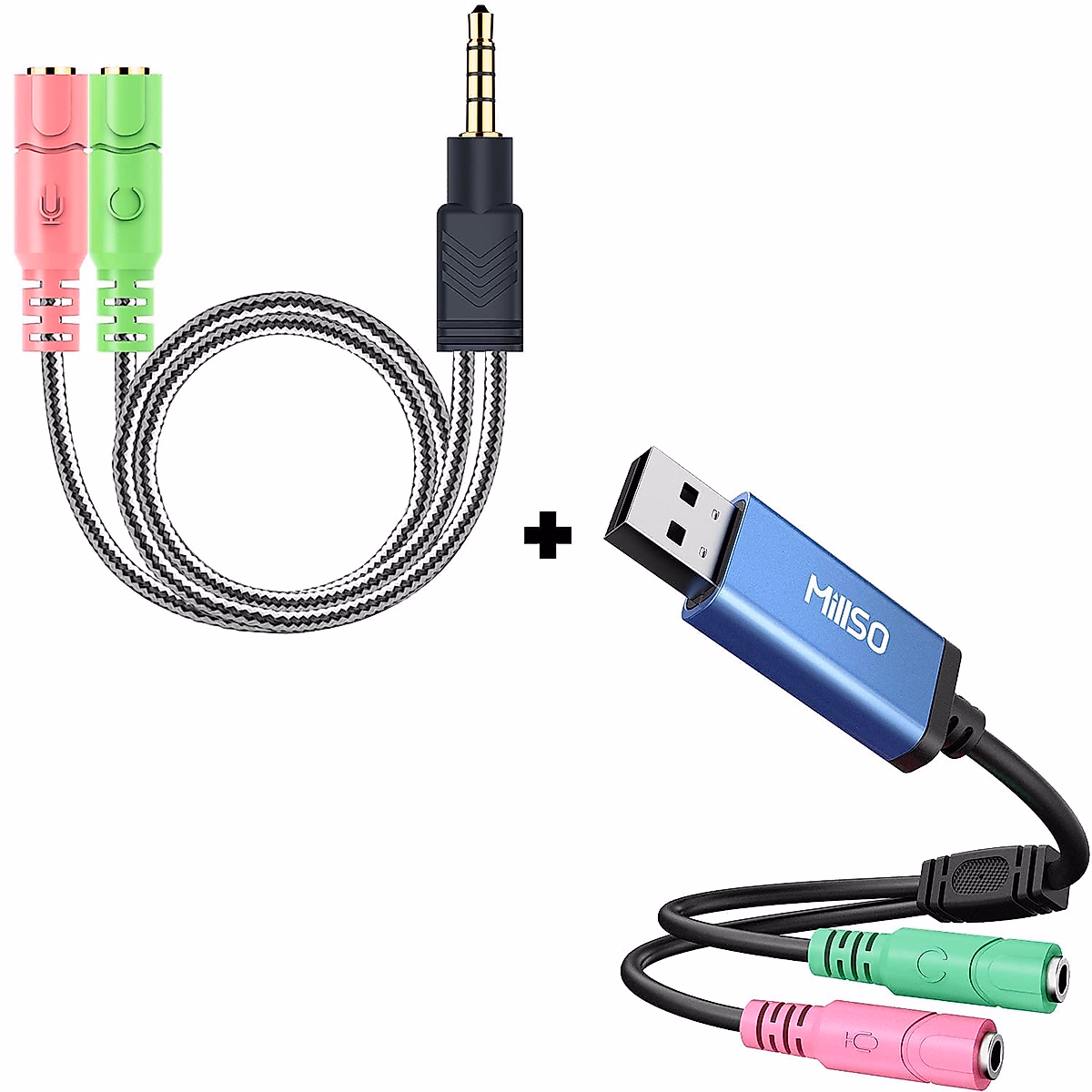 Bundle MillSO Headphone Mic Splitter, 3.5mm Headset Adapter 2 TRS Female to TRRS Male + MillSO USB External Sound Card Audio Adapter, USB to 3.5mm TRS Headphone and Microphone Stereo Jack Splitter