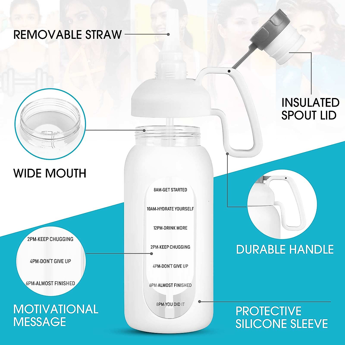 Aqulea Glass Water Bottle 64 oz - Big, Leakproof, Pregnancy Tracker, Gym Bottle with Straw and Time Marker (White)