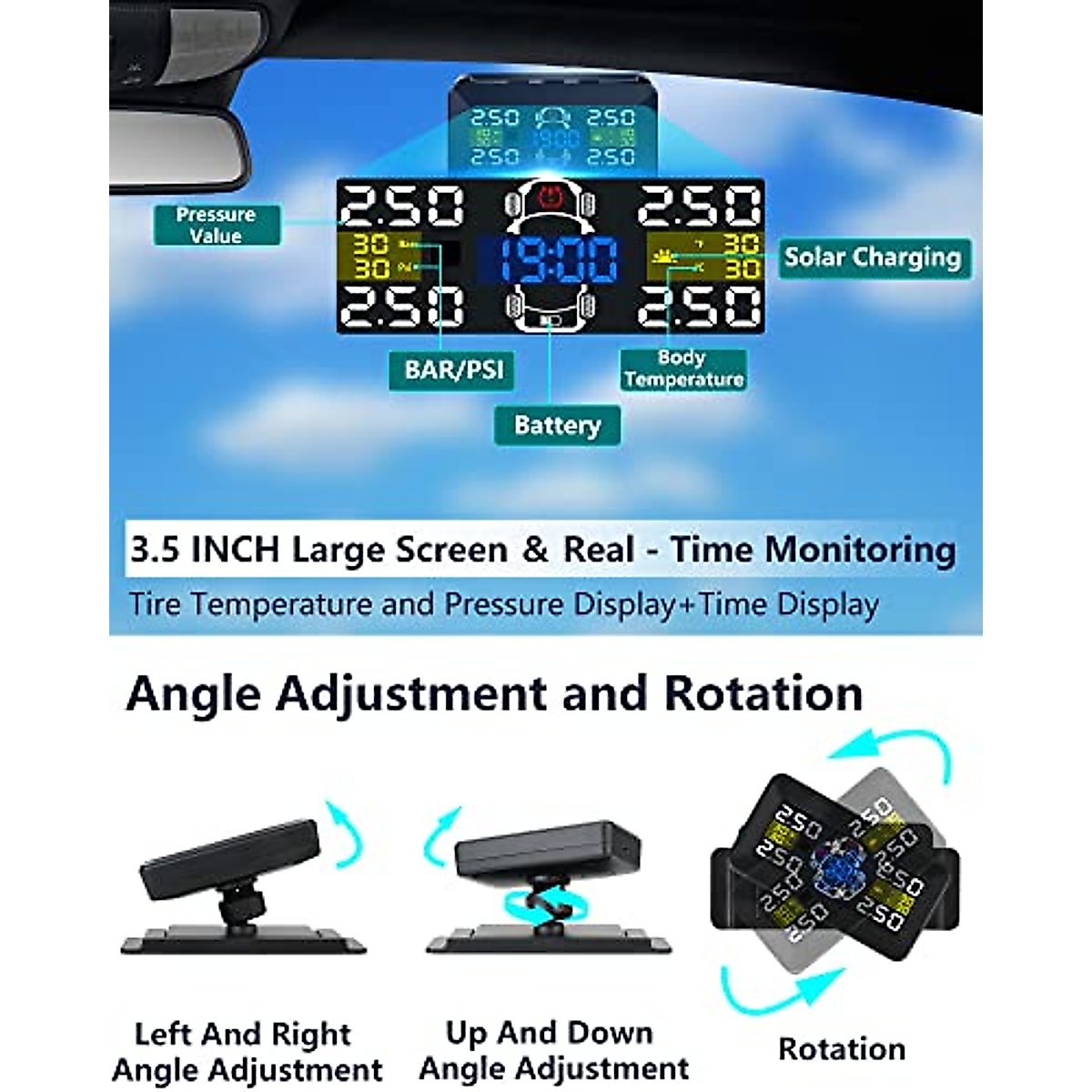 2023 Upgrade Tire Pressure Monitoring System 【Detached Bracket】 Wireless Solar TPMS Monitor System Accuracy 0.01Bar Installed on Windowshield Real-Time Display 22-87 PSI for Car RV SUV