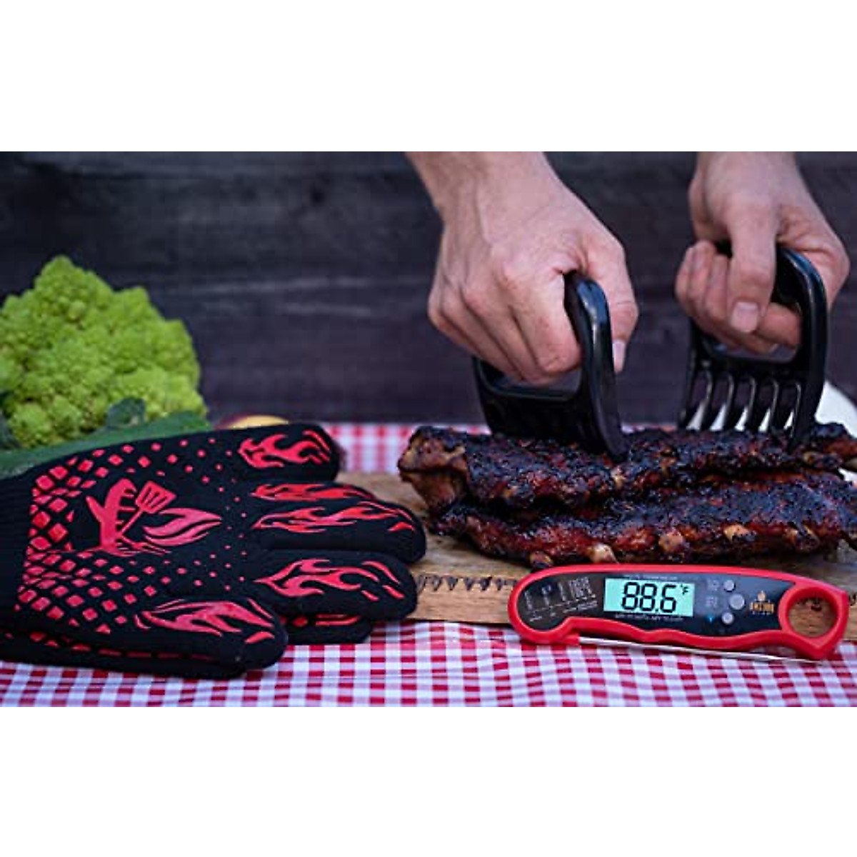 BBQ Gloves, Digital Meat Thermometer and BBQ Claws for Shredding Meat - Great Smoker Tools Accessory Set for Men, Fathers Day and Birthday