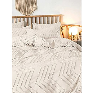 Nanko Beige Duvet Cover Full Size, 3pc Boho Tufted Microfiber Bedding Comforter Cover Set, All Season Aesthetic Shabby Chic Soft Embroidery Textured Geometric Quilt Cover (80x90)