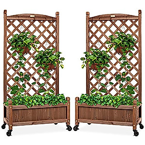 Best Choice Products Set of 2 48in Wood Planter Box & Diamond Lattice Trellis, Mobile Outdoor Raised Garden Bed for Climbing Plants w/Drainage Holes, Optional Wheels - Walnut