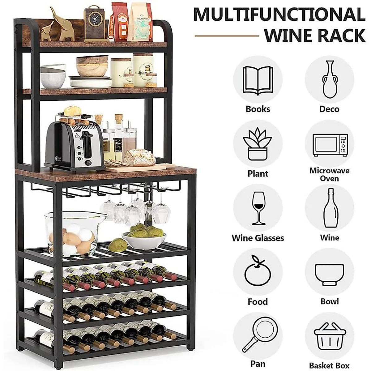 Tribesigns 32 Bottle Wine Rack Freestanding Floor, 7-Tier Wine Storage Display Shelves with Glass Holder, Wine Bar Cabinet Bottle Holder Organizer Stand for Kitchen Bar Dining Room (Rustic Brown)