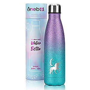 Unicorn Stainless Steel Water Bottle, Unicorn Gifts, Unicorn Party Supplies, Double Wall Vacuum Insulated Thermo Bottle Glitter Purple 17oz/500ml - Initial C
