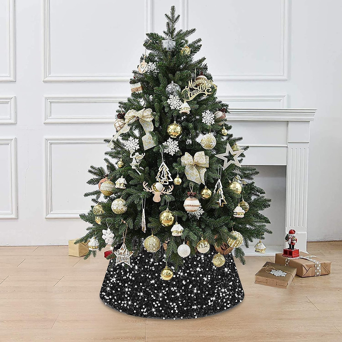 FOTSHARER Black Christmas Tree Collar 23.6 Inches Velvet Christmas Tree Skirt Metal Tree Collar Sequin Christmas Tree Ring Collar for Artificial Trees Rustic Tree Base Box for Xmas Home Ornaments