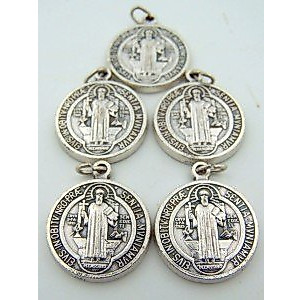 Lot of 5 Silver Toned Base Tone Saint Benedict Protection From Evil Sacremental Devotion 1 Inch Medal - Bomap official producer - 100% Made in italy - NO COPY
