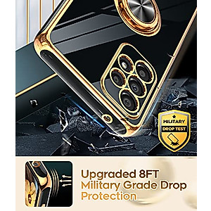 LeYi for Galaxy A53 5G Phone Case: with Tempered Glass Screen Protector [2 Pack] 360° Rotatable Ring Holder Magnetic Kickstand, Plating Rose Gold Edge Protective Case, Black