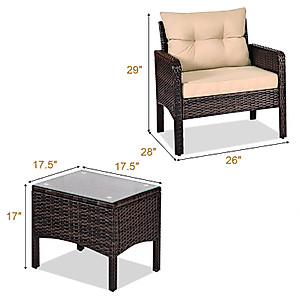 KOTEK 3 Piece Patio Furniture Set, Outdoor Wicker Conversation Bistro Set with 4 Cushions, All Weather PE Rattan Furniture Set for Garden, Backyard, Porch, Poolside (Beige)