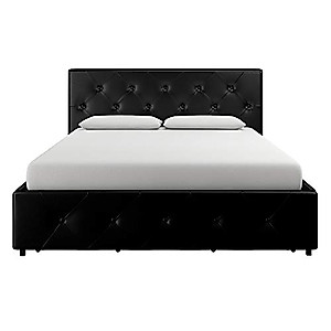 DHP Dakota Upholstered Platform Bed with Underbed Storage Drawers and Diamond Button Tufted Headboard and Footboard, No Box Spring Needed, Full, Black Faux Leather
