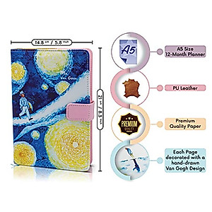 Van Gogh Notebook with Undated Calendar for 12 months, Kawaii Planner, Cute Notebook, Colorful Journals for Women, Premium Quality Paper, A5