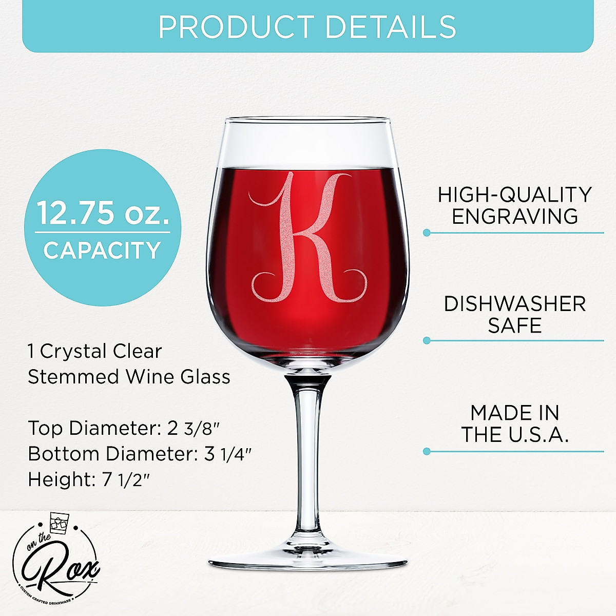 Monogrammed A-Z Wine Gifts for Women - 12.75 oz Engraved Personalized Wine Glass- Funny Wine Lover Monogram Gifts for Women - Unique Wine Glasses Gift Set (K)