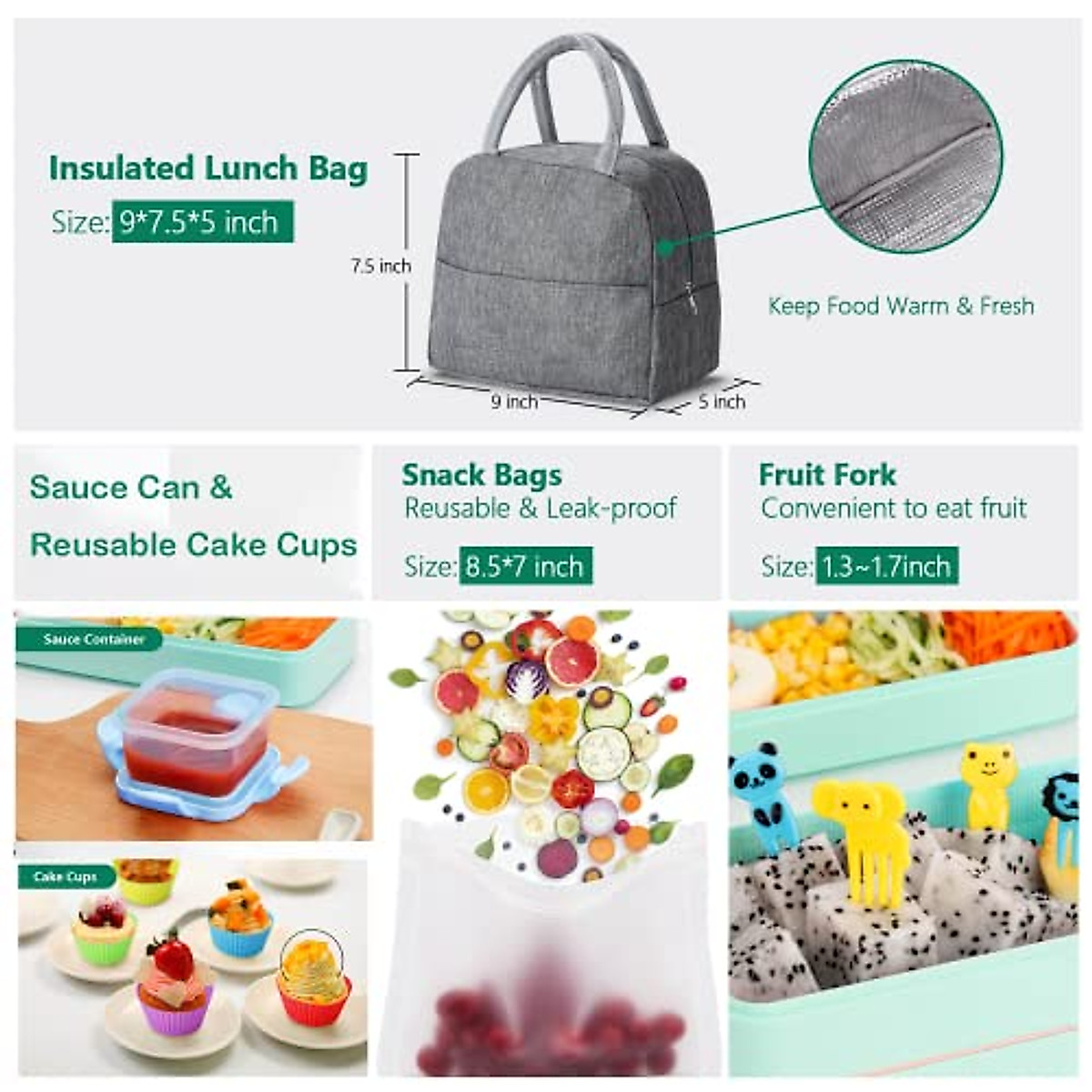 27 PCs Bento Box Lunch Box Kit, 1300ML Large 4-Compartment Lunch Container w/ Utensils Lunch Bag Accessories, Durable Leakproof Microwave Dishwasher Freezer Safe Meal Prep Container for Kids Adults