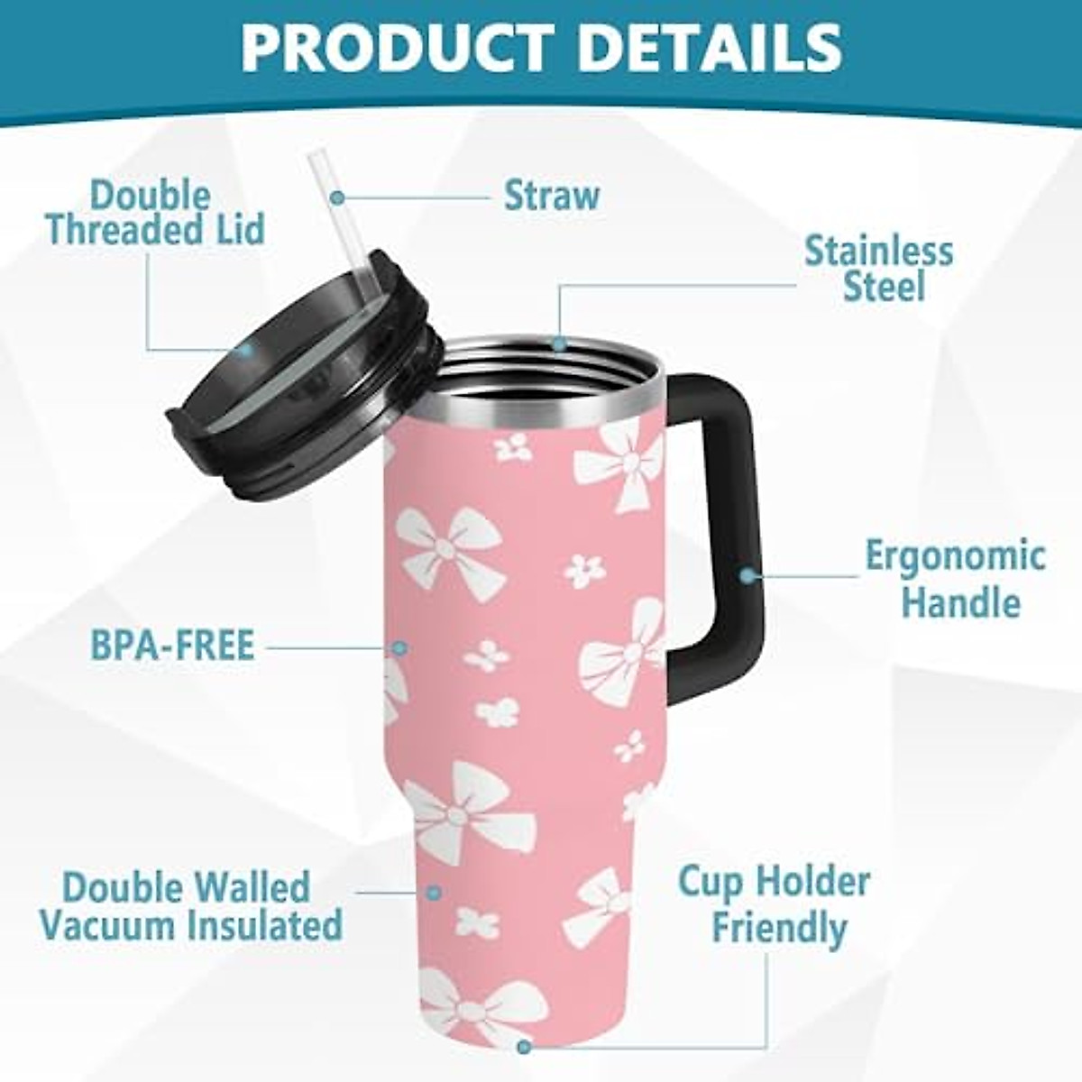 Flradish 40oz Tumbler with Handle, Cute Bow Tie Stainless Steel Tumbler with Lid and Straws Double Wall Vacuum Insulated Leakproof Coffee Travel Mug