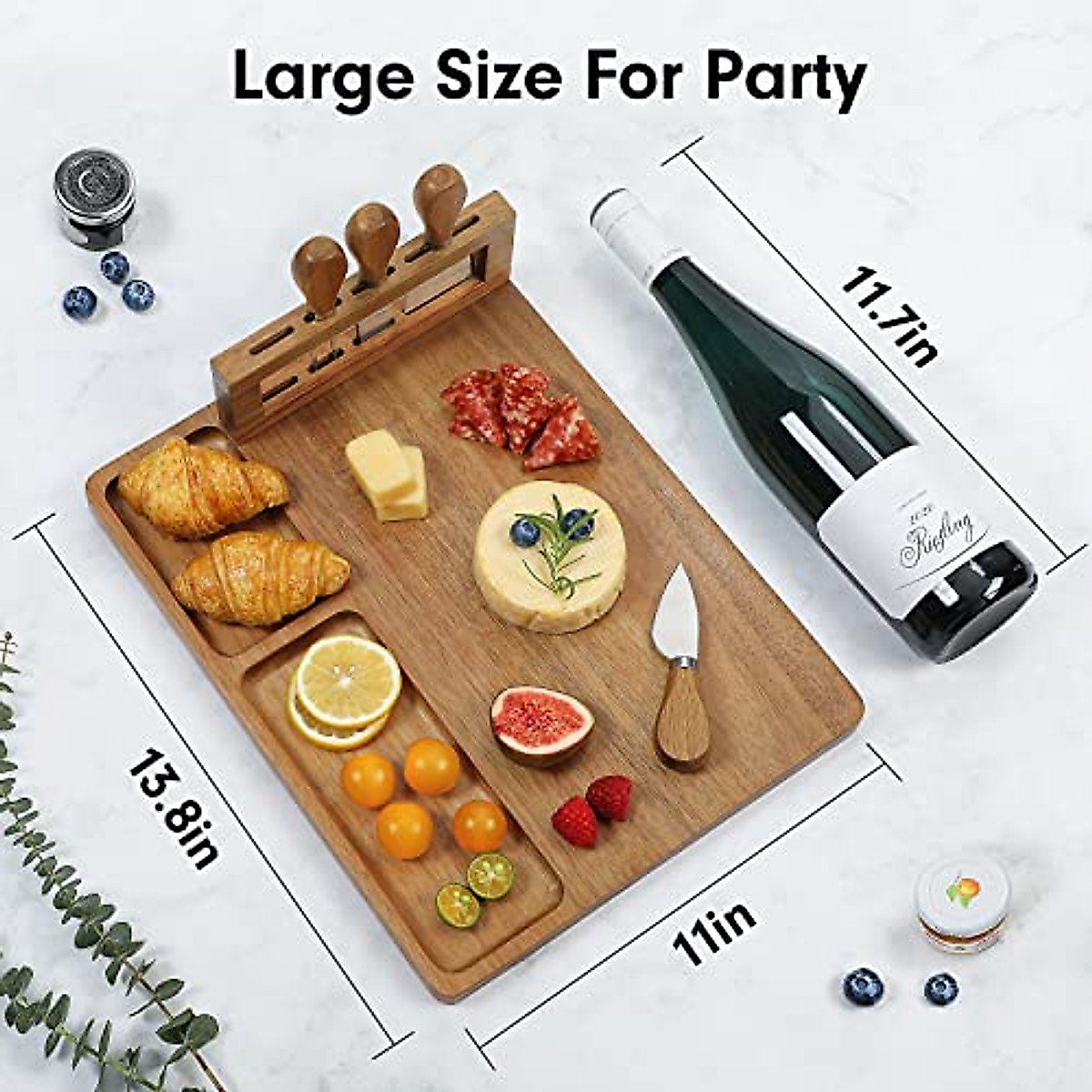 Easoger Acacia Cheese Board and Knife Set - 14” x 11” Large Charcuterie Boards Set, Cheese Tray Platter Servers with Magnetic Knife Holder, Gift for House Warming, Anniversary, Christmas, Thanksgiving