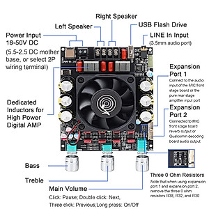 ZK-3002T 300W+300W Bluetooth Digital Amplifier Board TPA3255 Chip 2.0 Channel with Treble and Bass Adjustment (ZK-3002T)