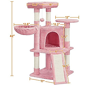 Topeakmart 42in Pink Cat Tree for Indoor Cats, Cat Tower Stand Play House with Sisal-Covered Scratching Posts, Multi-Level Cat Furniture Activity Center