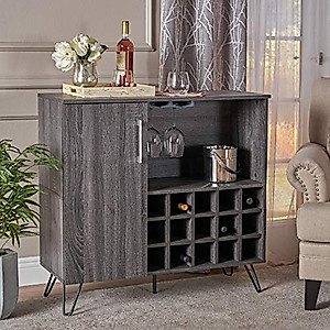 Christopher Knight Home Lochner Mid-Century Faux Wood Wine and Bar Cabinet, Black / Sonoma Grey Oak Finish