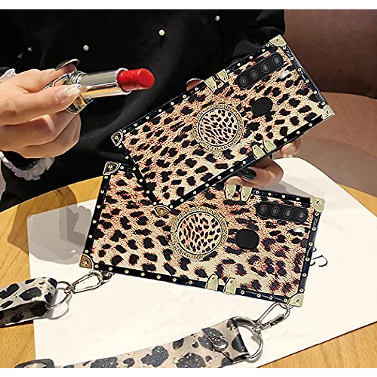 BABEMALL Compatible for Samsung A21 Case, Elegant Premium Crossbody Strap Leopard Square Reinforced Corners Full-Body Shockproof Back Cover Case with Kickstand (Leopard)