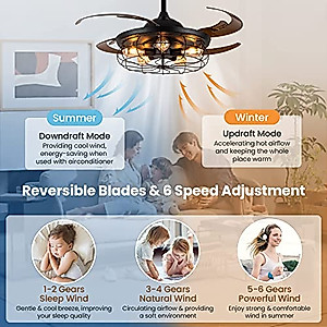 Siljoy Retractable Ceiling Fan with Lights Black Industrial Caged Ceiling Fan with Remote Controller Farmhouse Chandelier Fan with Lights for Living Room Bedroom Patio (48 Inches, 5 Lights)