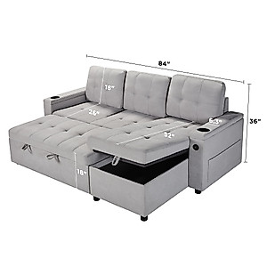 VanAcc Sofa Bed, Modern Tufted Convertible Sleeper Sofa, USB Charging Ports & Cup Holders, Pull Out Couch Bed with Storage Chaise, Chenille Couches for Living Room (Light Grey), 84in x 52in x 36in