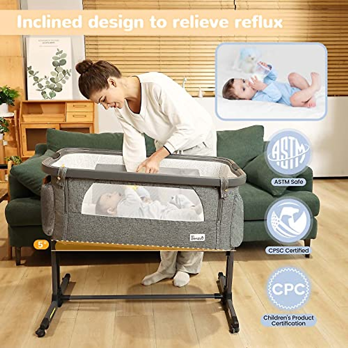 Li’l Pengyu Bedside Bassinet for Baby, Adjustable Baby Bassinets Bedside Sleeper with Cotton Mattress,Tool-Free Assemble Portable Rolling Cribs with Travel Bag Large Breathable Mesh (Gray)