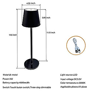 IMQSQIK Cordless Table Lamps USB Rechargeable Simplicity Desk Lamp Built-in 4600 mAh Battery LED Battery Operated lamp with Touch Control Table lamp - Bedroom/Desk/Reading/Patio(Black)
