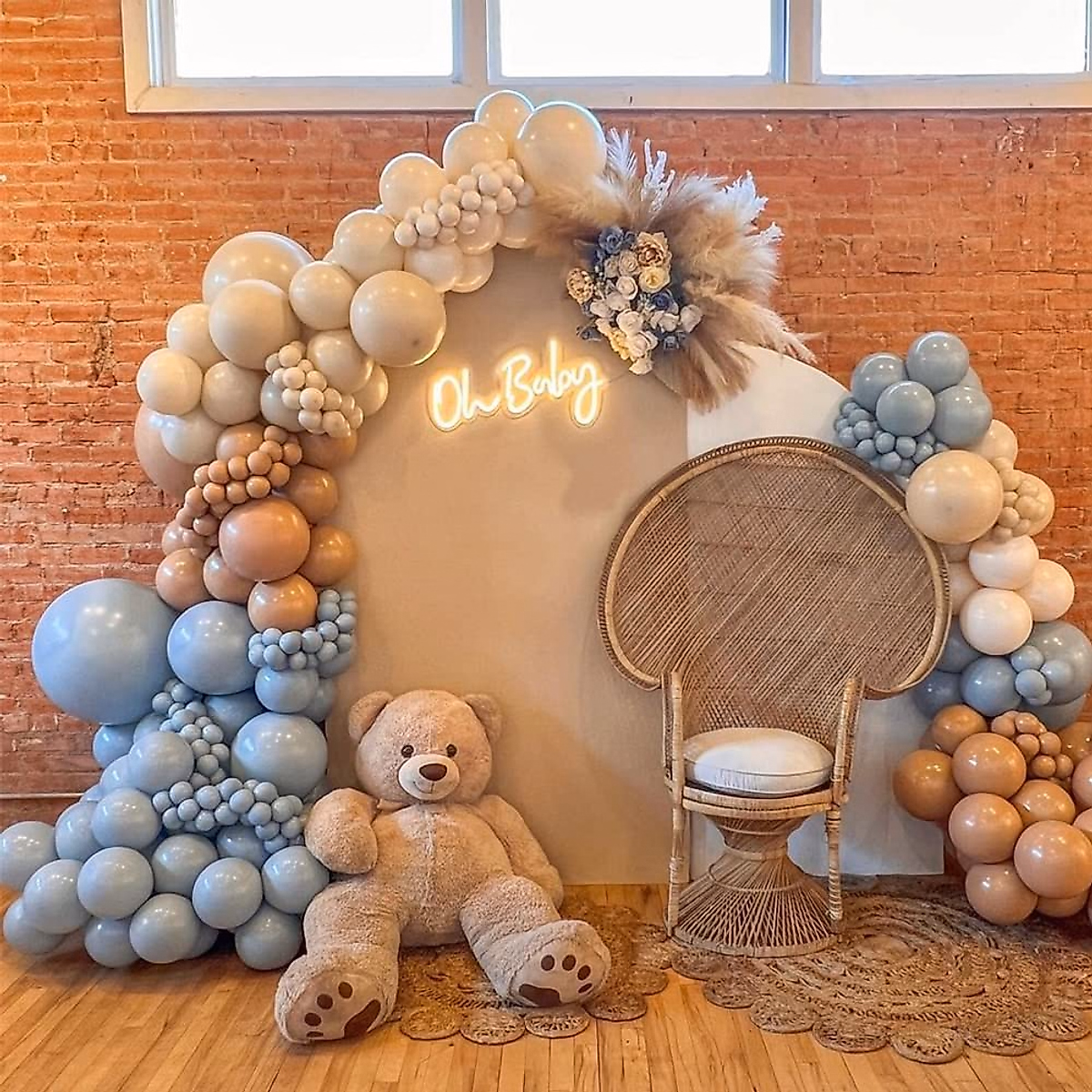 134pcs Brown Blue Balloon Garland Arch Kit,Bear Baby Shower Decoration with Double Stuffed Blue Coffee Nude Balloons for Teddy Bear Baby Shower Boho Birthday Gender Reveal Party Decorations