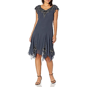 J Kara Women's Flutter Sleeve Hanky Hem Short Cocktail Beaded Dress, Grey/Black/Mercury, 14