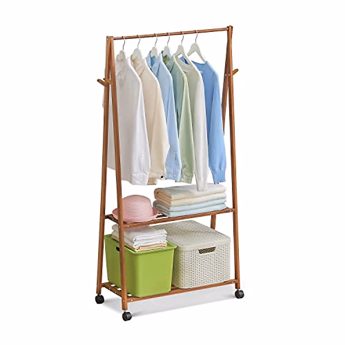 MoNiBloom Bamboo Garment Rack with Wheels Coat Rack Stand Clothes Rack with 2-Tier Storage Rack for Bedroom Living Room Entryway Home Office (Length 29.5", Brown)