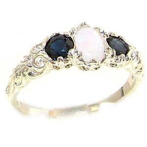 LetsBuyGold 925 Sterling Silver Natural Opal and Sapphire Womens Promise Ring - Size 9.5