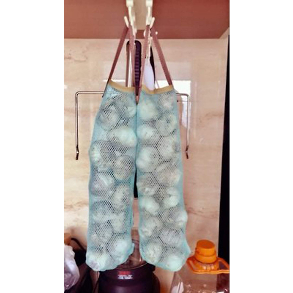 AHYUAN Hanging Mesh Storage Bags 5 Pack Onion Bags Mesh Garlic Net Bags Potatoes Bags Long and Large Reusable Net Storage Produce Bags for Fruit Veggies Garbage Bag for Home RV Camper Storage