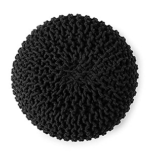 REDEARTH Round Pouf Foot Stool Ottoman - Hand Knitted Bean Bag - Cord Boho Pouffe - Cable Poof Footrest for Living Room - Nursery - Bedroom - Patio - 100% Cotton - Home Decor (19" x 19" x 14") - Black