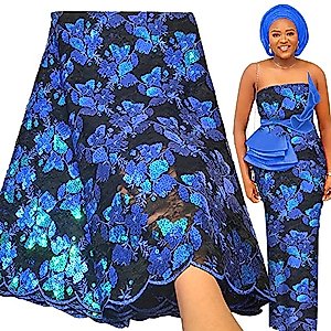 Bestway Lace New African Lace Fabric 5 Yards Multicolor Sequins Embroidery Nigerian Party Gown Sew Material French Tulle Lace Fabric(Royal Blue)