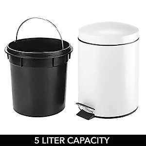 mDesign Modern 1.3 Gallon Round Small Metal Step Trash Can Wastebasket, Garbage Container Bin for Bathroom, Powder Room, Bedroom, Kitchen, Craft Room, Office - Removable Liner Bucket - White