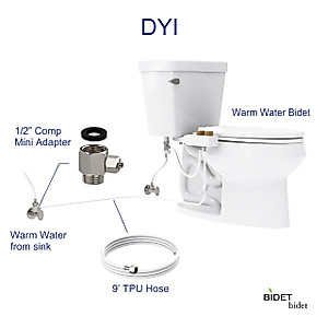 9' Polyurethane Hose with 1/2" Brass Mini Adapter. Connects the warm water from your sink to your BIDET bidet (Compatible with other Bidet brands)