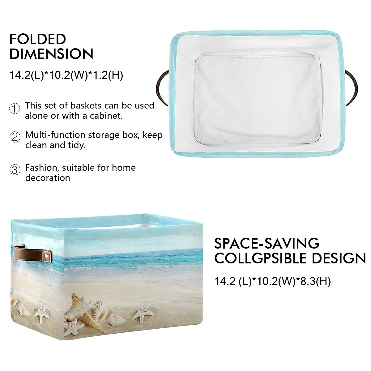 FZDXZJJ Beach Starfish Storage Basket Bins, Ocean Seashell Decorative Baskets Storage Box Collapsible Storage Cubes Organizer with Handles for Nursery Shelf Closet Office Home Bedroom, 2 Pack